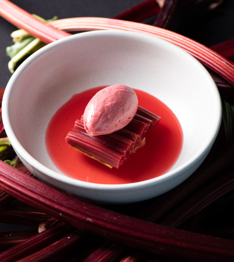 Poached rhubarb, fresh blood orange, rhubarb sorbet - Stokehouse